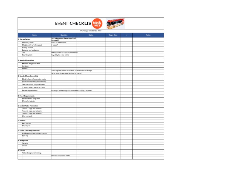 Event Checklist: Items Status Target Date Notes | PDF
