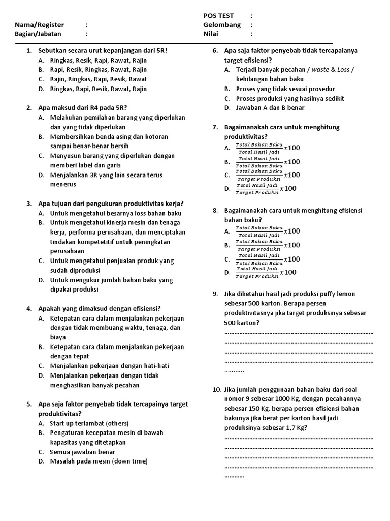 Contoh Soal Post Test Training GMP | PDF