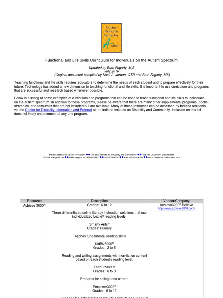Functional and Life Skills Curriculum PDF | PDF | Autism Spectrum ...