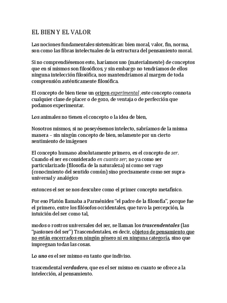 El Bien: Conceptos y Valores Morales | PDF | Moralidad | Metafísica