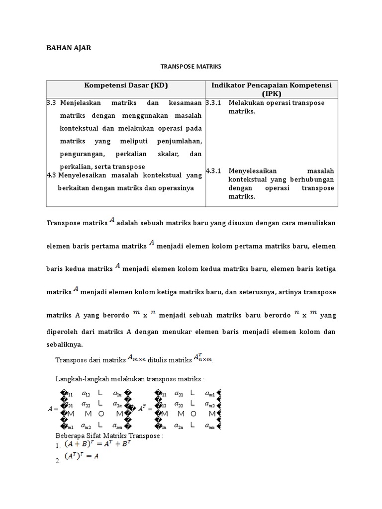 Contoh dan Sifat Transpose Matriks | PDF
