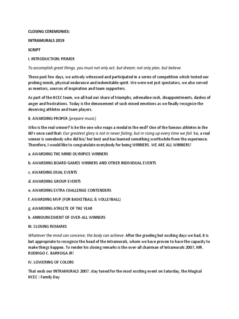 Closing Ceremonies: Intramurals 2019 Script | PDF | Sports & Recreation