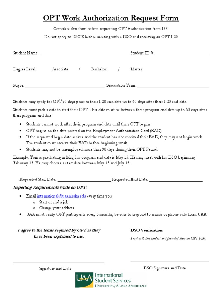 OPT Work Authorization Request Form: International@uaa - Alaska.edu ...