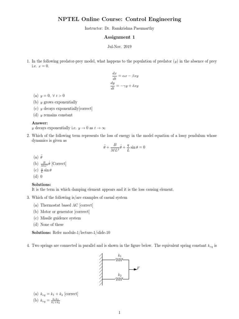 NPTEL Online Course: Control Engineering: Assignment 1 | PDF ...