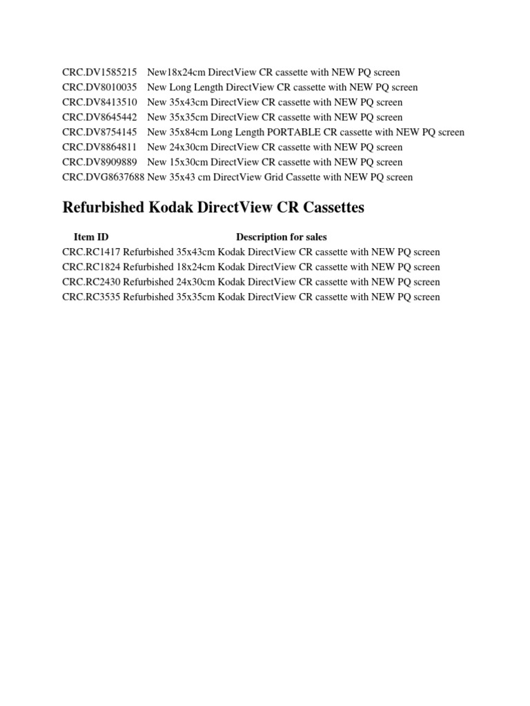 Refurbished Kodak Directview CR Cassettes: Item Id Description For ...