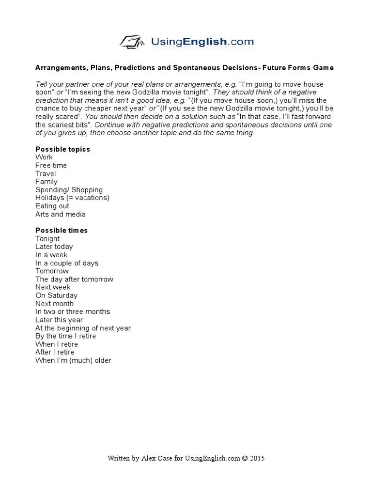 Expressions and Exercises About Plans | PDF | Games & Activities | Self ...