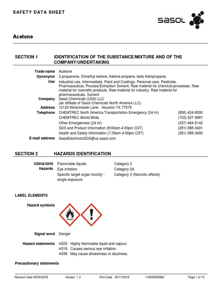 Acetone: Safetydatasheet | PDF | Toxicity | Firefighting