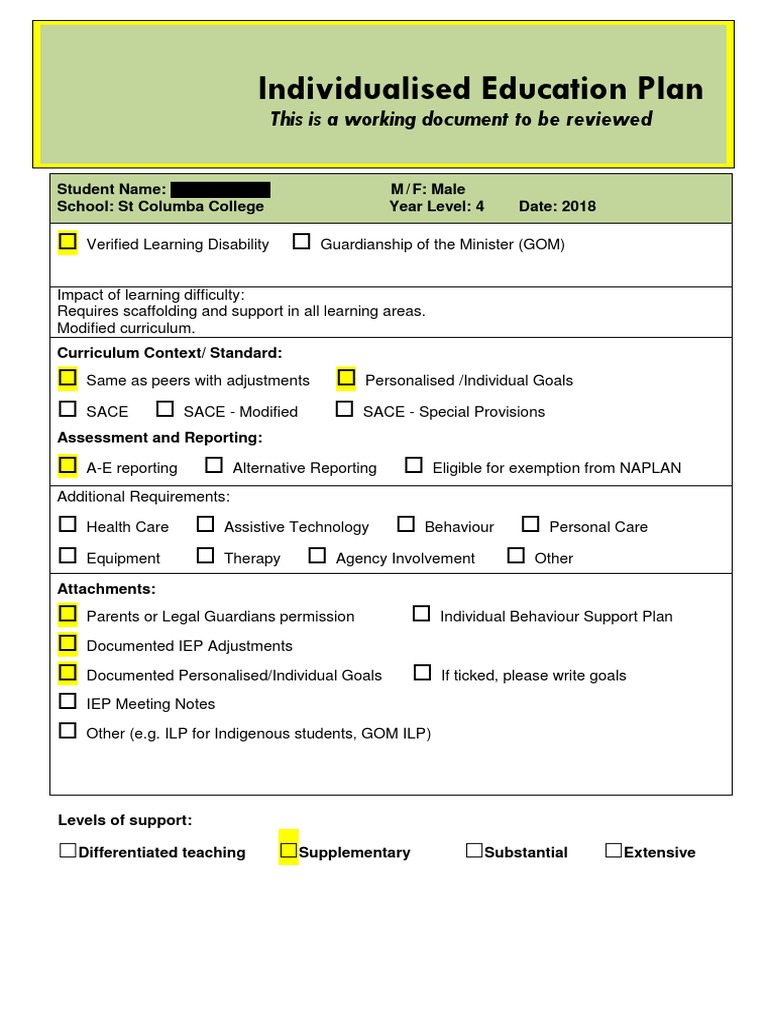 Individualised Education Plan: This Is A Working Document To Be ...