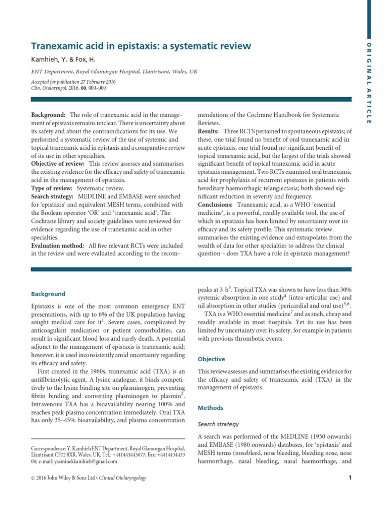Tranexamic Acid in Epistaxis: A Systematic Review | PDF | Randomized ...