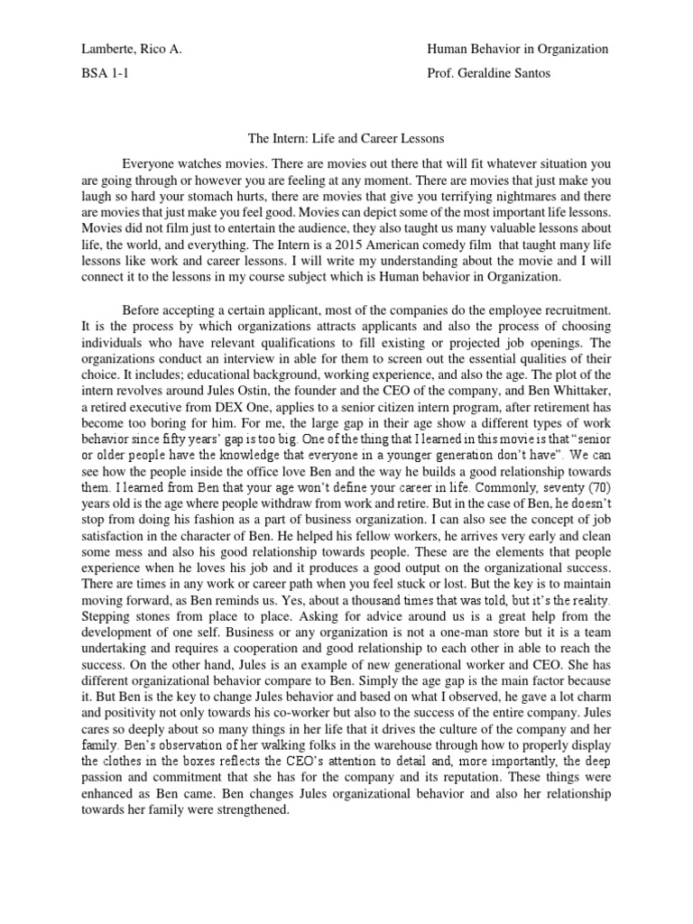 The Intern Reflection Paper | PDF | Employment | Love