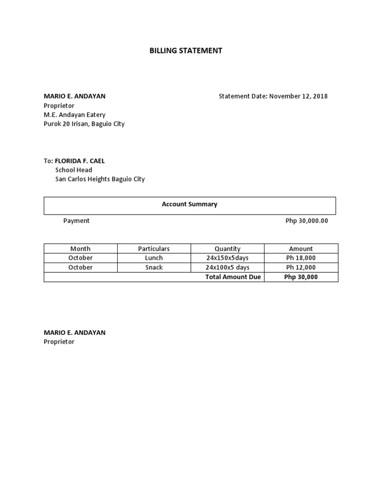 Billing Statement for M.E. Andayan Eatery | PDF