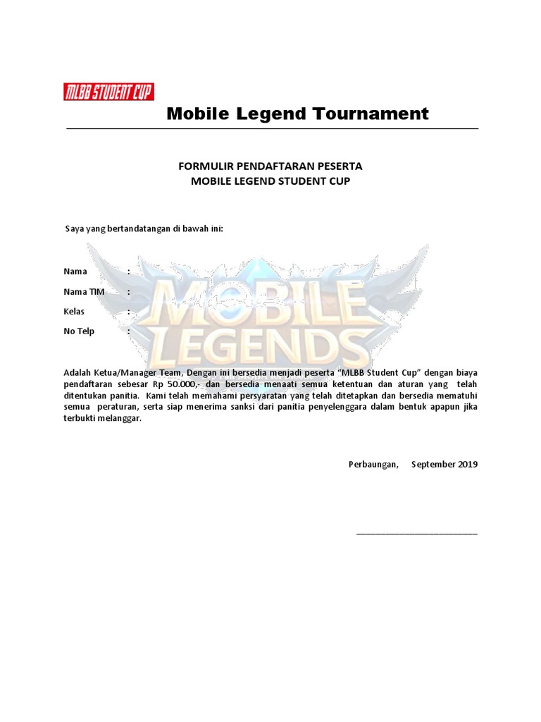 Formulir Pendaftaran MLBB Studen Cup 2019 | PDF