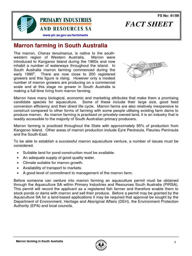 Fact Sheet: Marron Farming in South Australia | PDF | Alkalinity ...