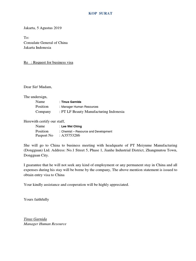 Surat Kuasa dan Keterangan Visa China | PDF