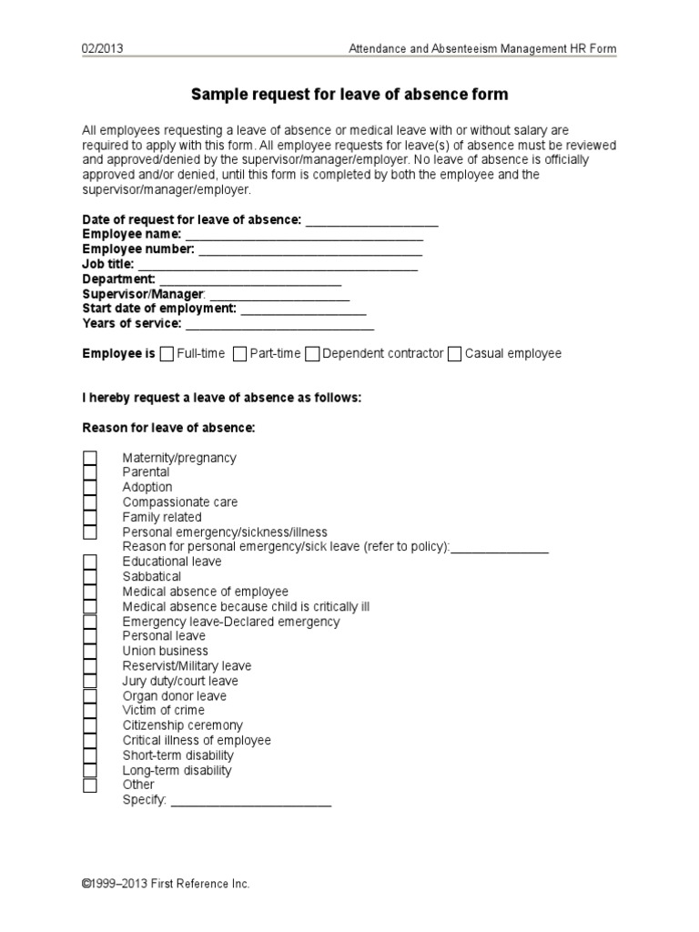 Sample Request For Leave of Absence Form: 02/2013 Attendance and ...