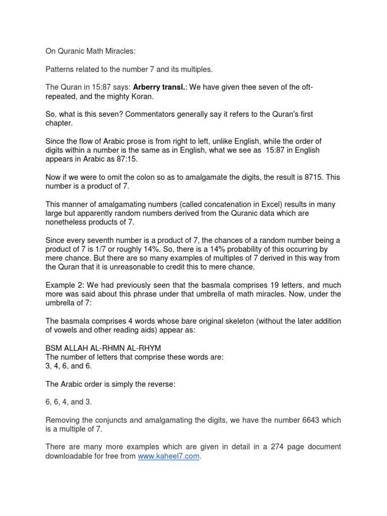 On Quranic Math Miracles: Patterns related to the number 7 and its ...