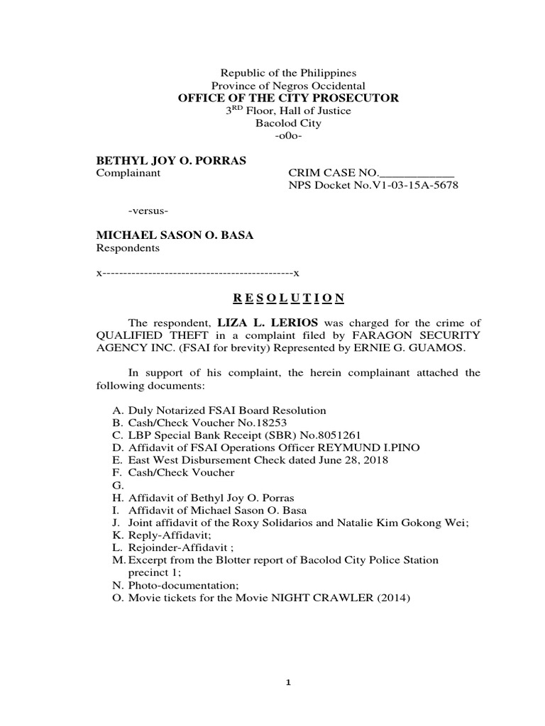 Sample Resolution | PDF | Theft | Evidence