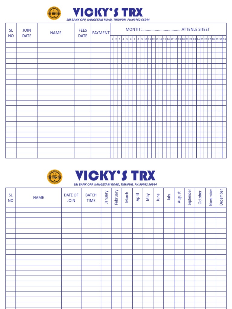 Vicky's TRX (Month Attenle Sheet) | PDF