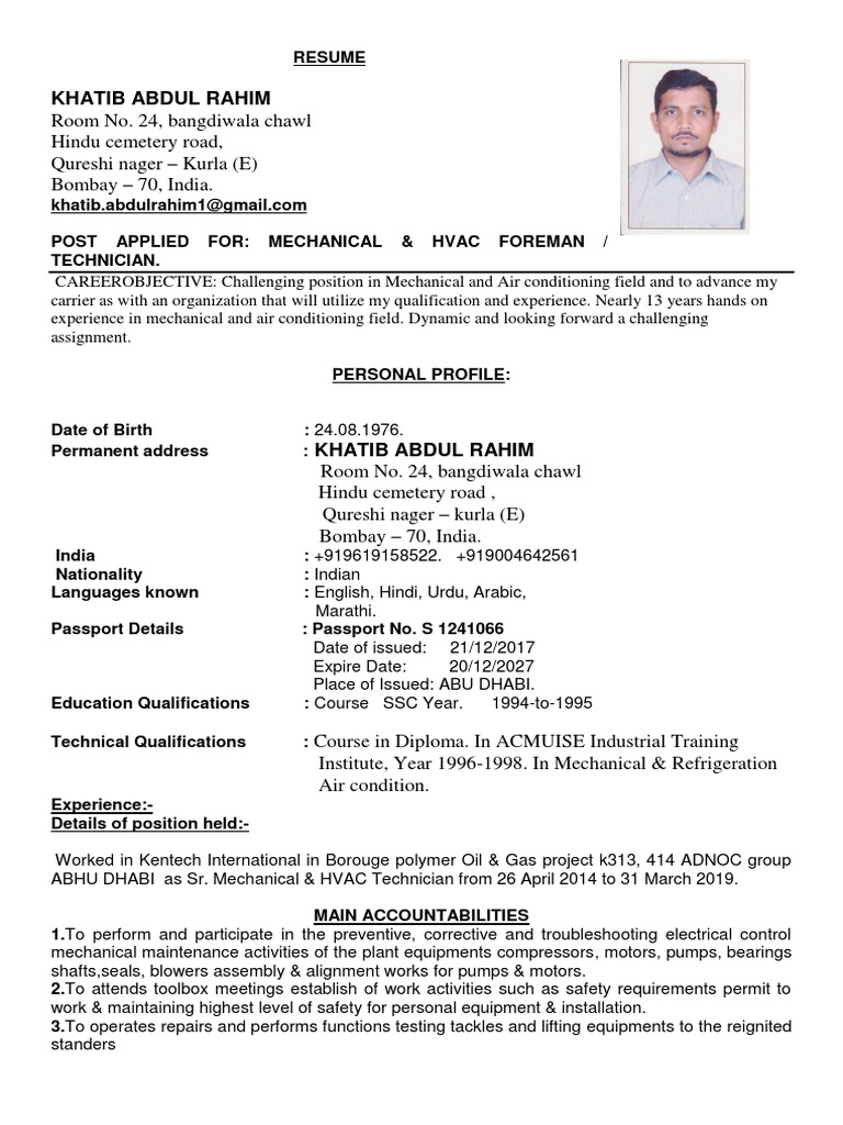 KHATIB ABDUL RAHIM CV... H | PDF | Hvac | Air Conditioning
