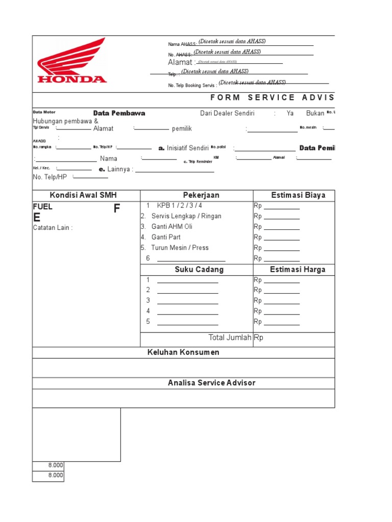 Formulir Service Advisor Motor | PDF