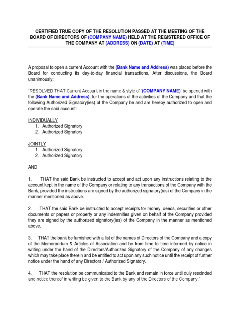 Sample of Board Resolution For Opening Bank Account | PDF | Articles Of ...