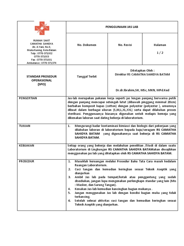 Prosedur Penggunaan Jas Lab di RS Camatha Sahidya | PDF