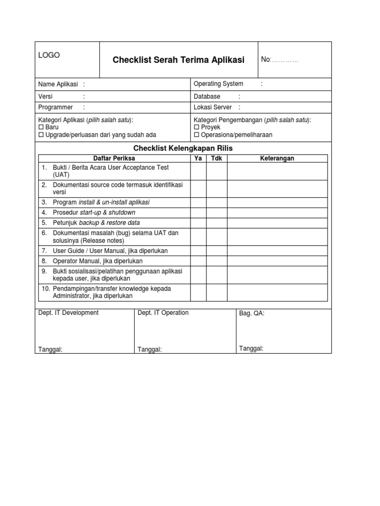 Contoh Form Record - Checklist Rilis Aplikasi | PDF