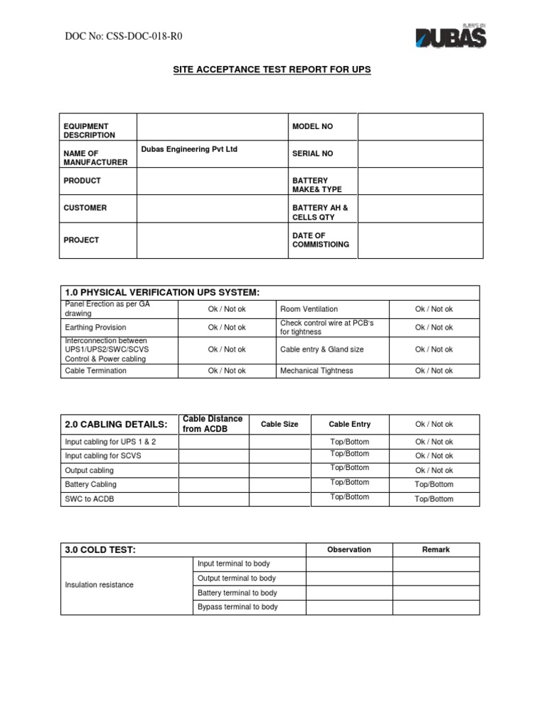 Site Acceptance Test Report for UPS | Battery Charger | Rechargeable ...