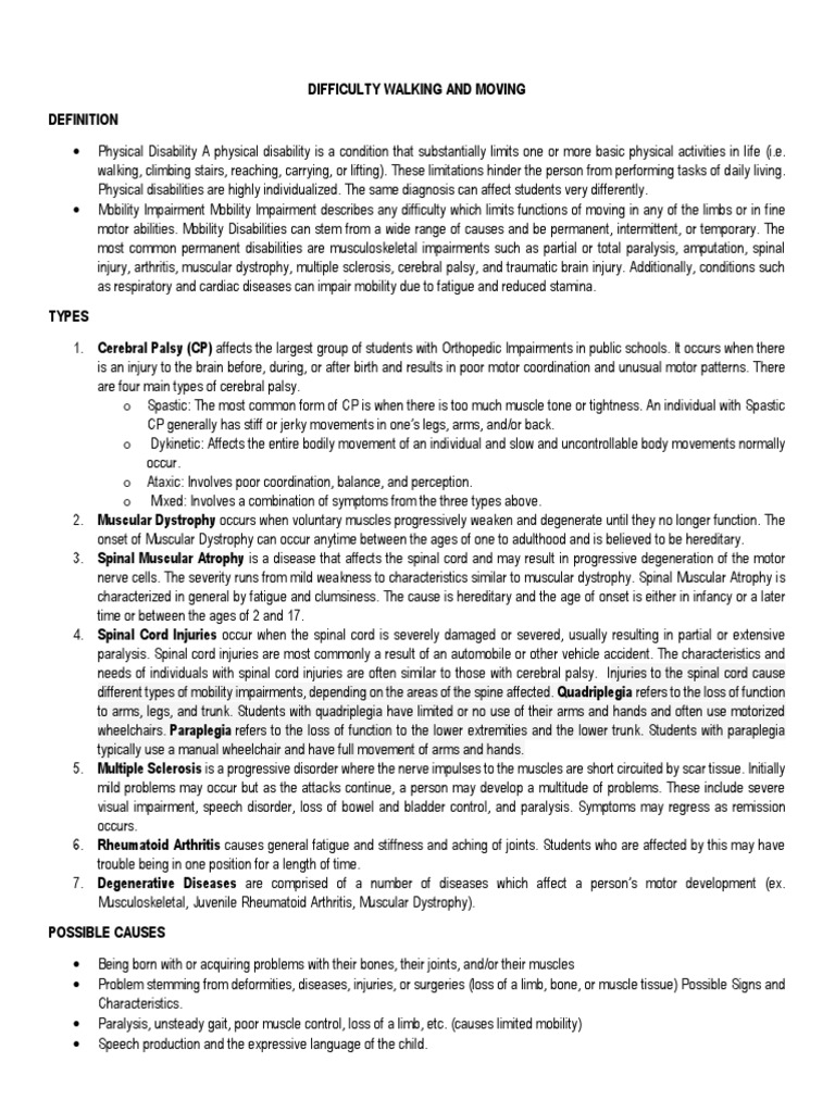 Difficulty Walking and Moving | PDF | Cerebral Palsy | Spinal Cord Injury