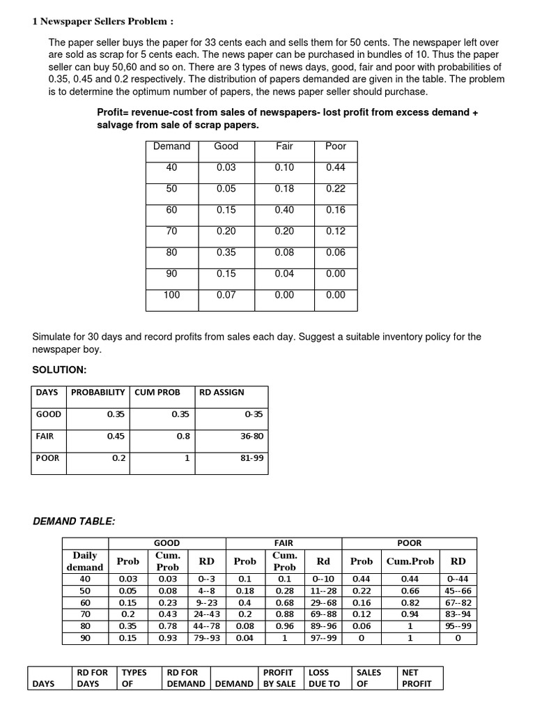 1 Newspaper Sellers Problem | PDF | Newspapers | Sales