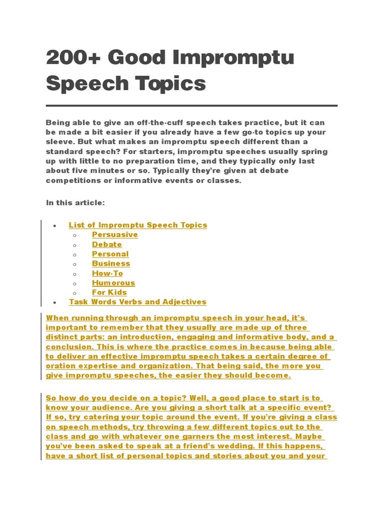 200+ Good Impromptu Speech Topics | PDF | Public Speaking | Reason