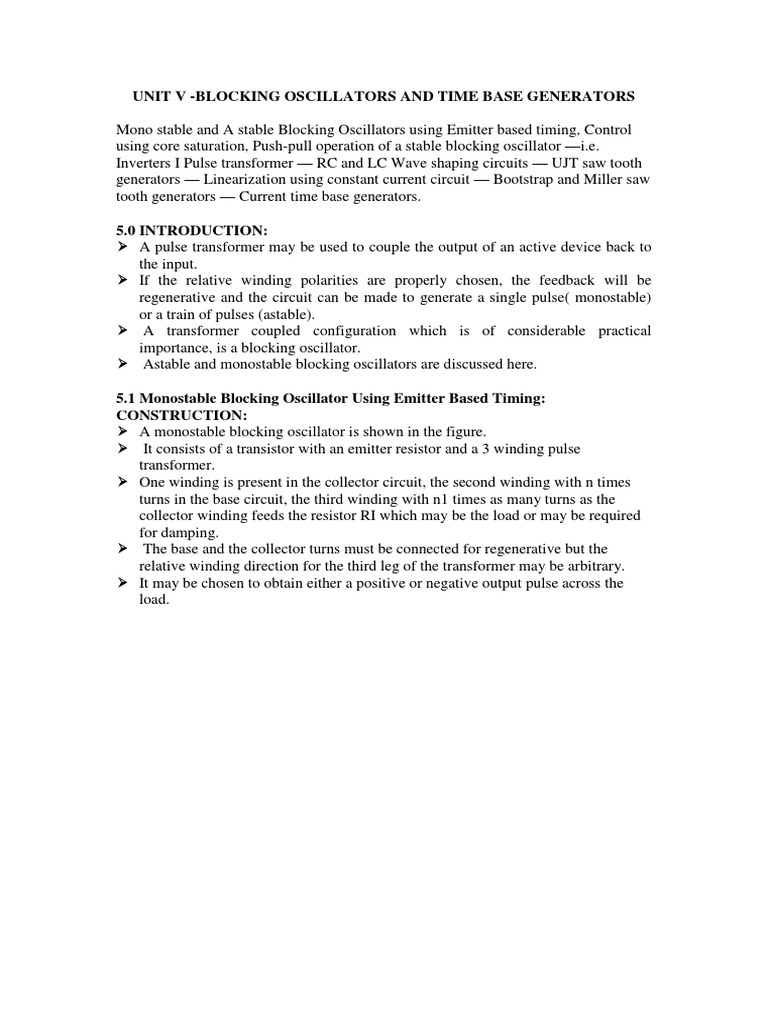 Unit V - Blocking Oscillators and Time Base Generators | PDF | Inductor | Capacitor