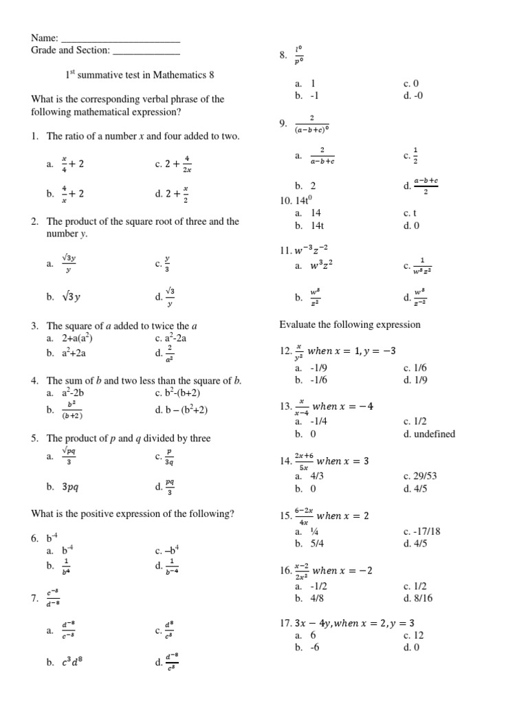 Final 1st Summative Test in Math8 | PDF | Summation | Fraction ...