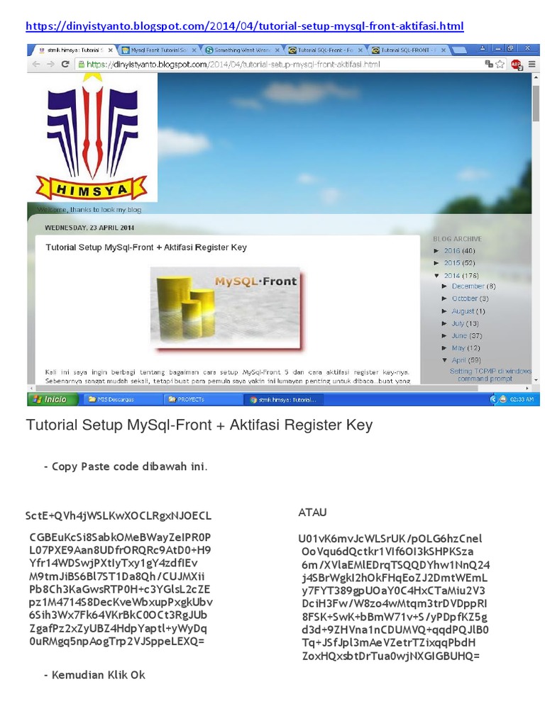 Tutorial Setup Mysql-Front + Aktifasi Register Key | PDF