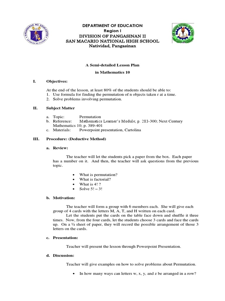 Permutation | PDF | Permutation | Lesson Plan