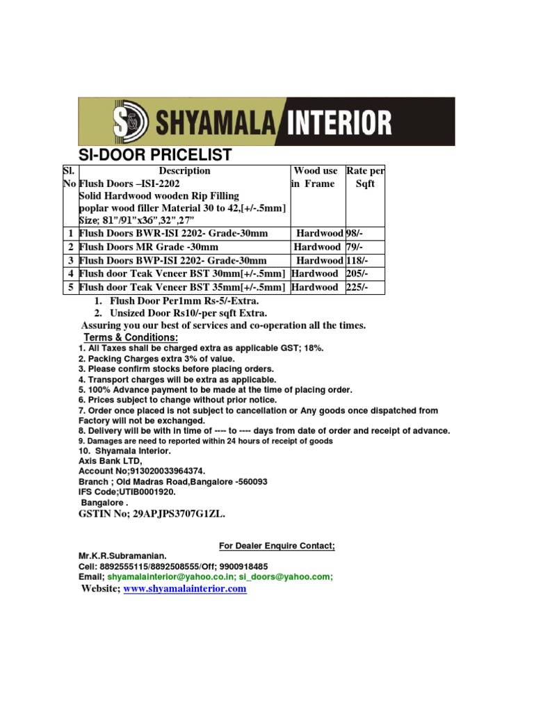 Si-Door Pricelist: Terms & Conditions | PDF | Wood | Door