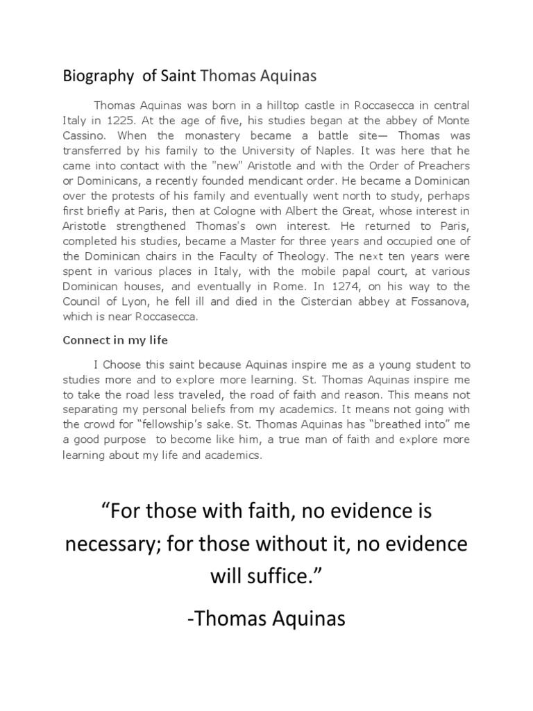 Biography of Saint Thomas Aquinas | PDF | Thomas Aquinas | Dominican Order