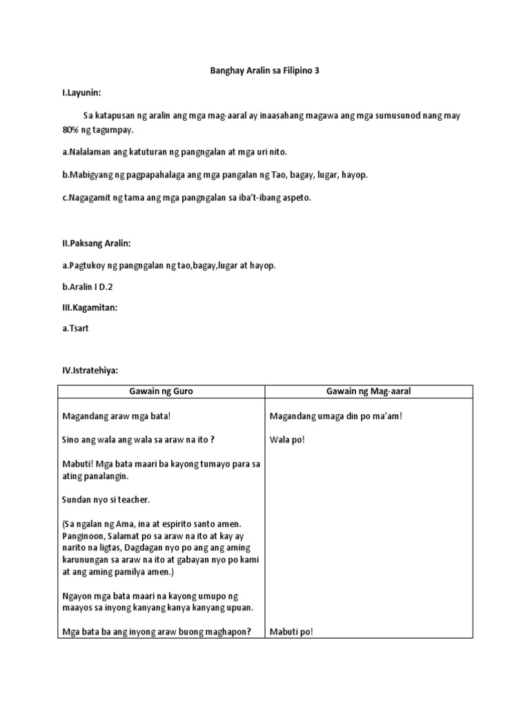 Banghay Aralin Sa Filipino 3 | PDF
