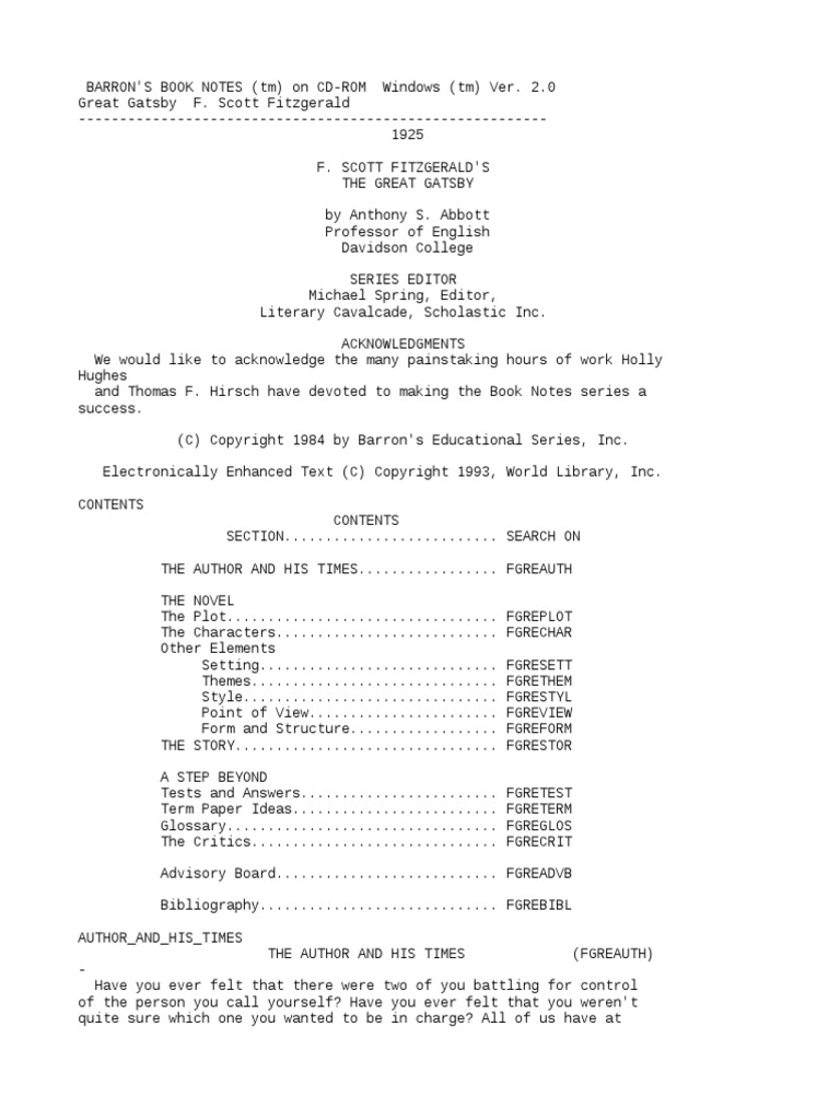 Cliff Notes - The Great Gatsby | PDF | The Great Gatsby | Zelda Fitzgerald
