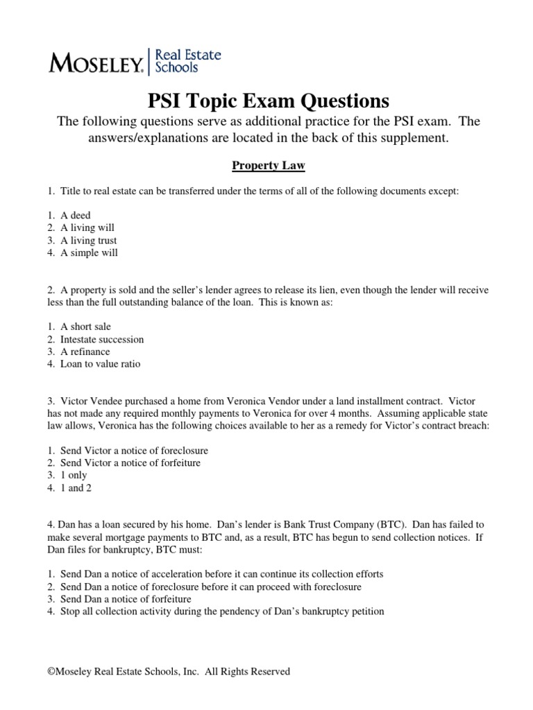 PSI Topic Exam Questions | Download Free PDF | Loans | Foreclosure