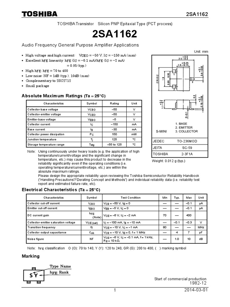 Toshiba Transistor Datasheet: 2SA1162 Silicon PNP Epitaxial Audio ...