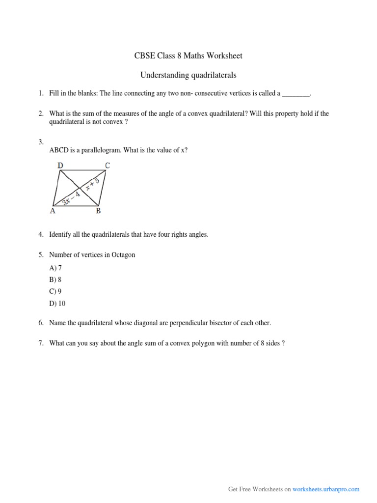 Understanding Quadrilaterals CBSE Class 8 Worksheet | PDF | Euclidean ...