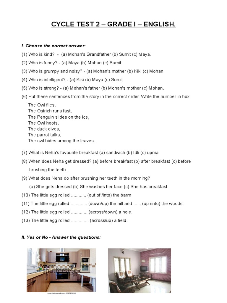 Cycle Test 2 - Grade I - English.: I. Choose The Correct Answer ...