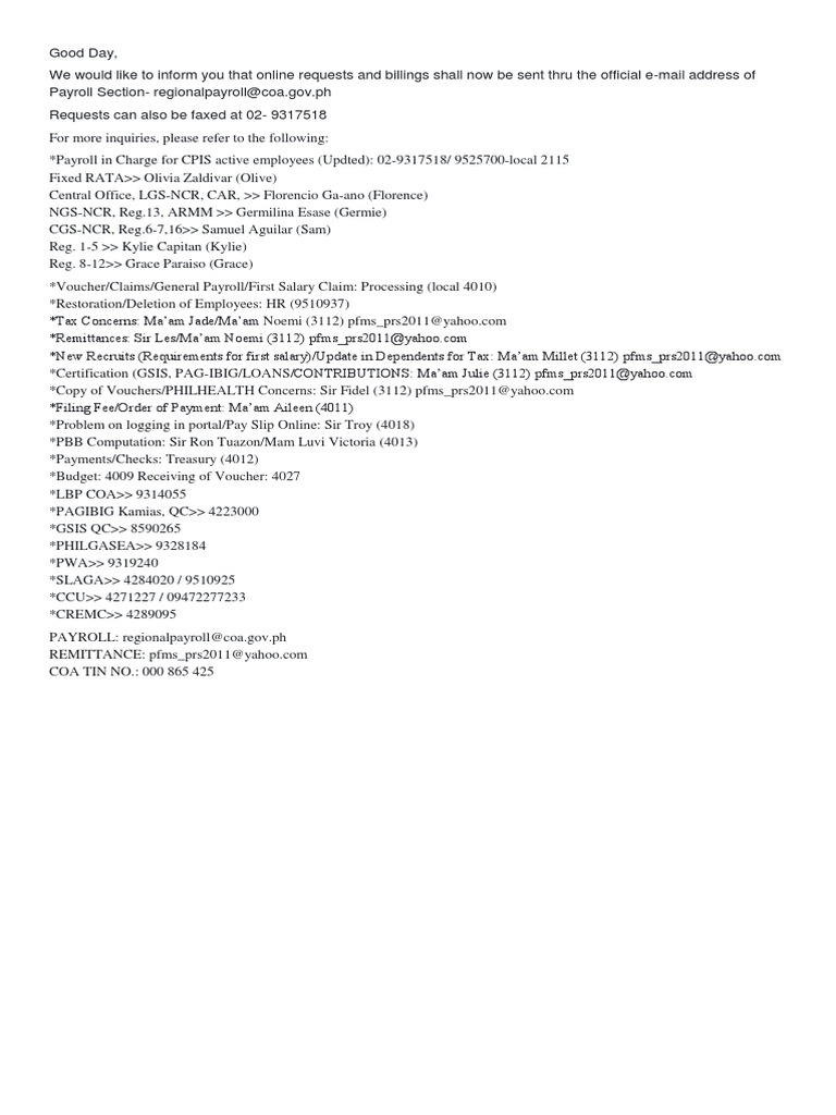 Payroll Directory COA Central Office | PDF