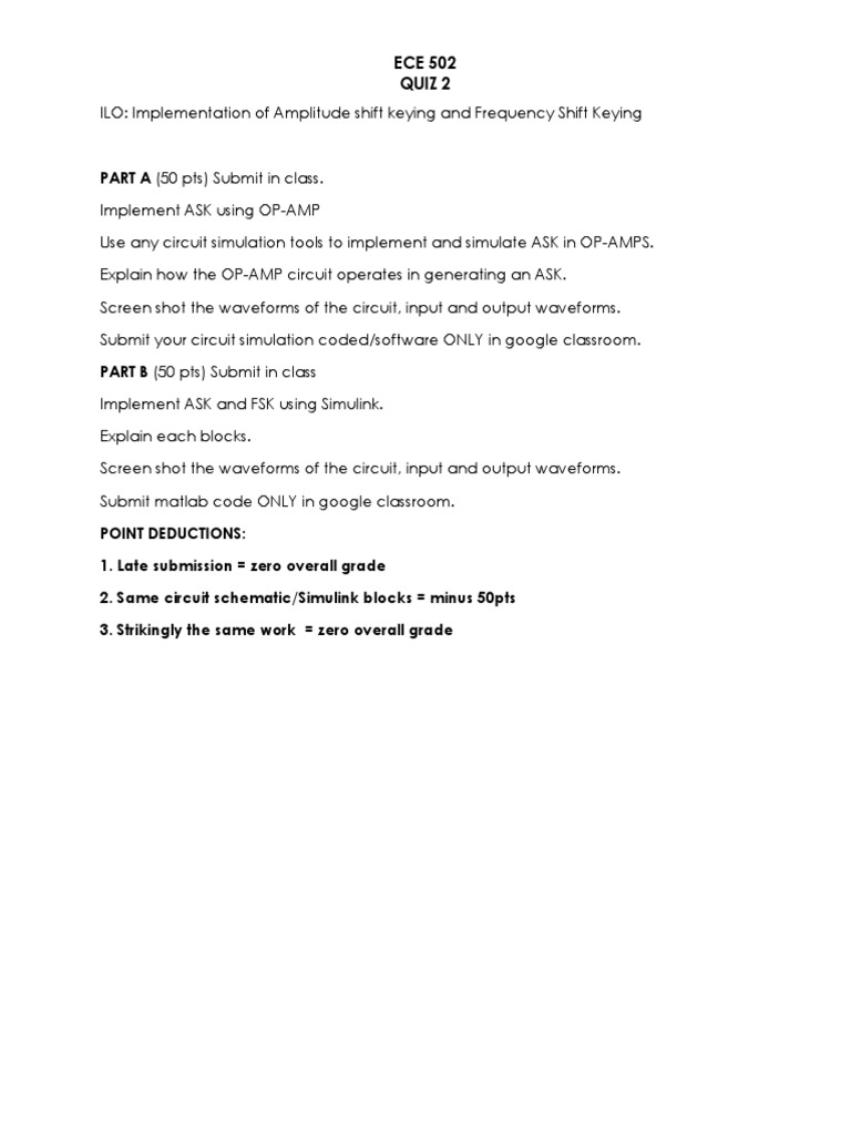 ECE 502 Quiz 2: Implementing ASK and FSK Modulation | PDF