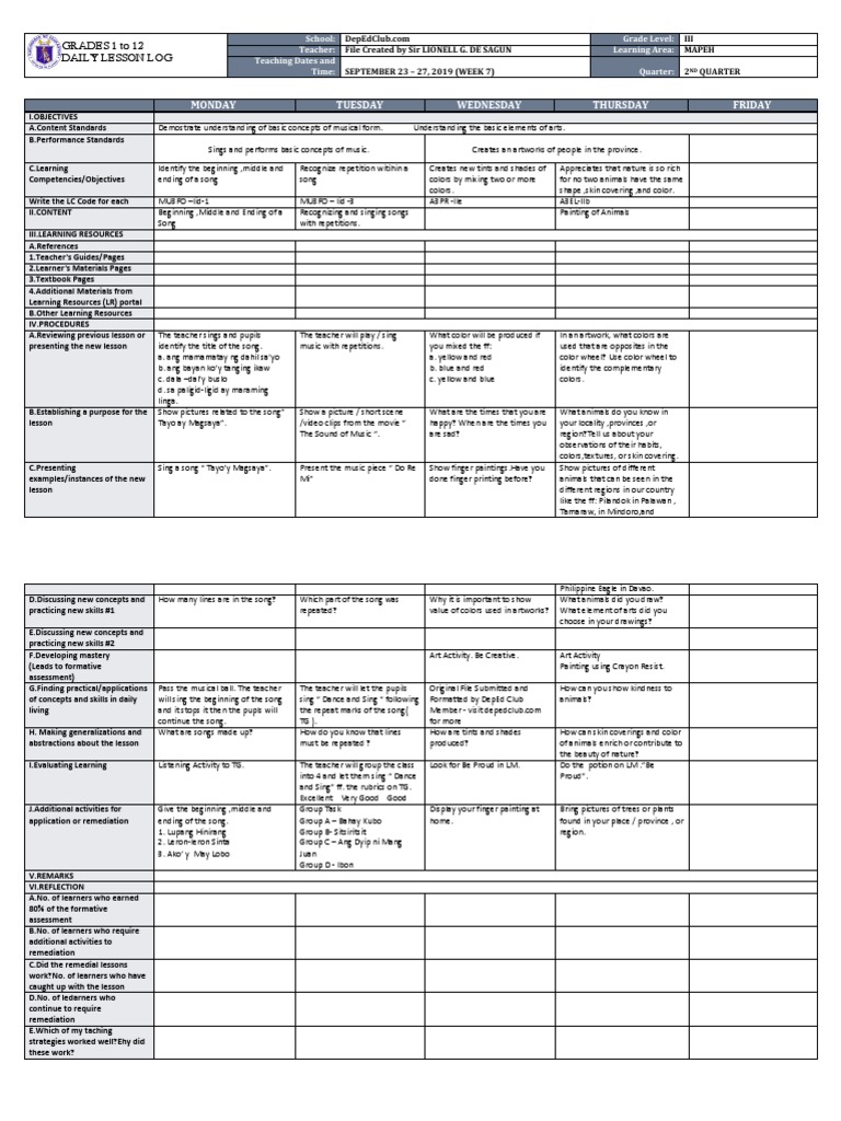 DLL - Mapeh 3 - Q2 - W7 | PDF | Learning | Cognition