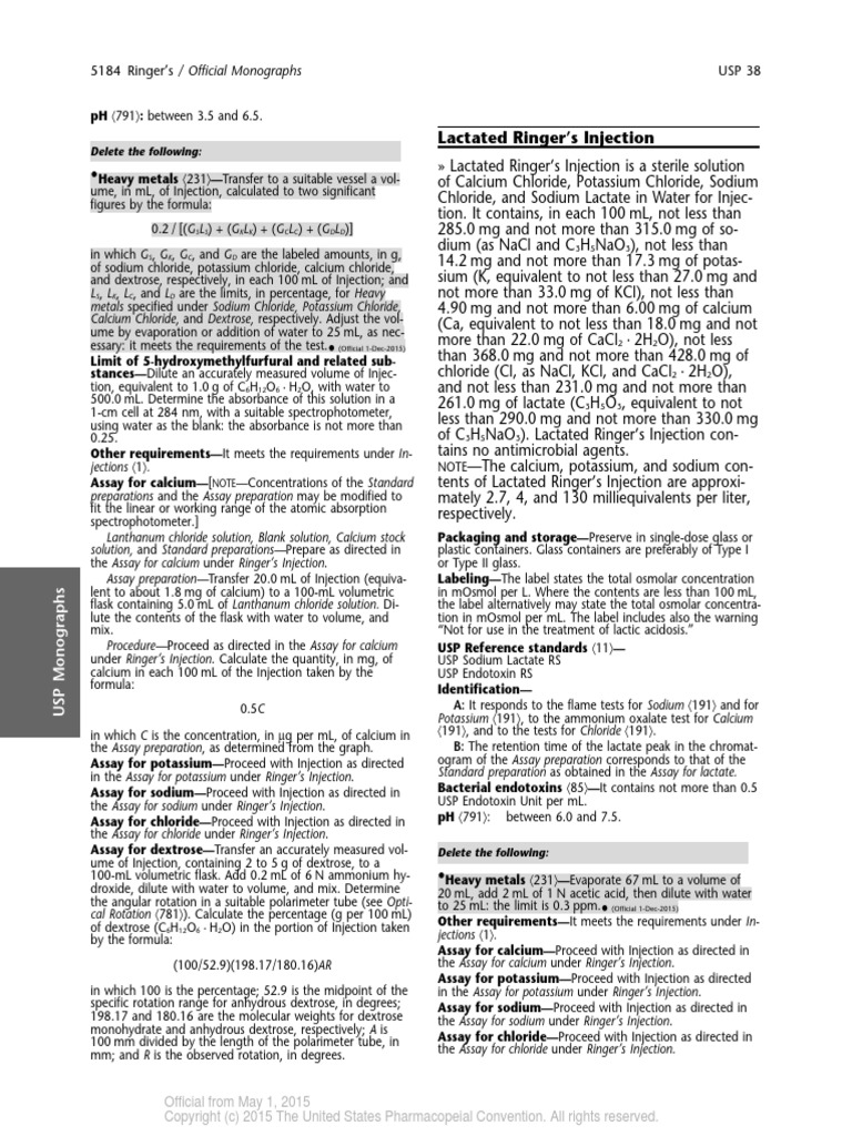 Lactated Ringer's Injection | PDF | Potassium Chloride | Chloride