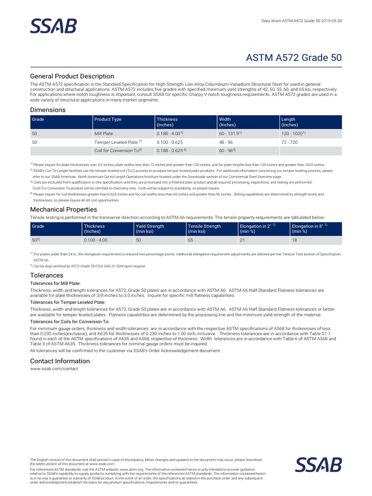 Data Sheet ASTM A572 Grade 50 2019-05-20 | PDF | Structural Steel ...