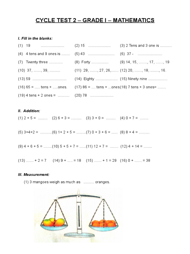 Cycle Test 2 - Grade I - Mathematics: I. Fill in The Blanks | PDF ...