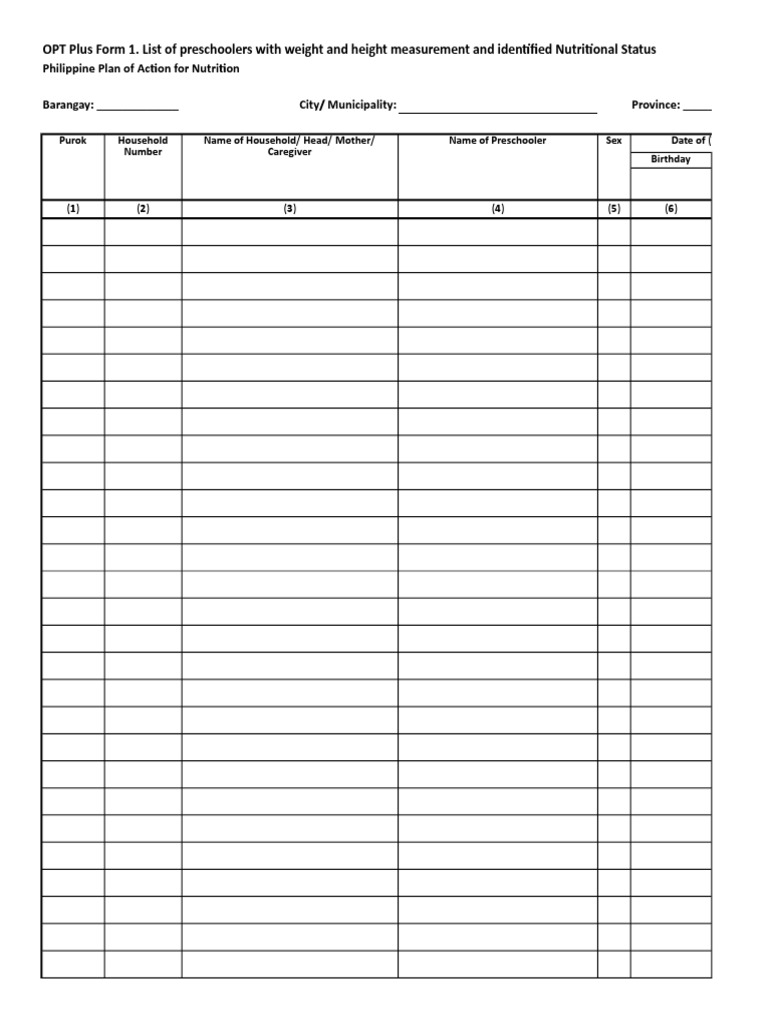 OPT Plus Form 1. List of Preschoolers With Weight and Height ... OPT Plus Form 1. List of Preschoolers With Weight and Height ...